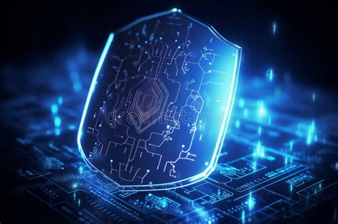 Digital Cyber Security Concept Shield On Circuit Board Background With Blue Lights Abstract