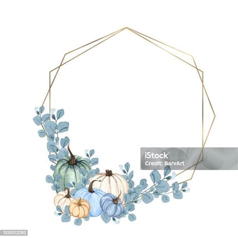 손으로 그린 수채화 호박 프레임 블루 호박 Anf 금 기하학적 화환과 가을 배열 가을 야채 추수 감사절 카드 10월에 대한 스톡 벡터 아트 및 기타 이미지 Istock