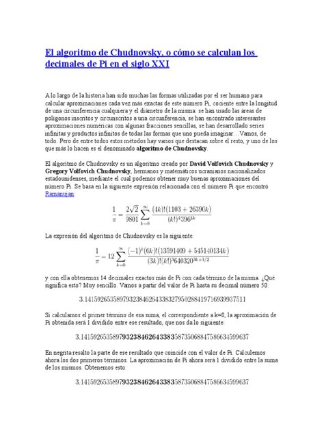 El Algoritmo De Chudnovsky Pdf Pi Conceptos Matemáticos