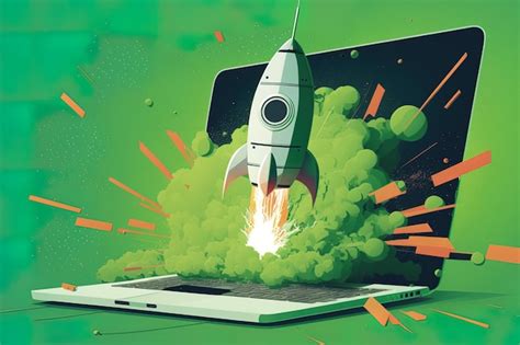 노트북 화면에서 나오는 로켓 녹색 배경 Ai 디지털 일러스트레이션 개념 및 시작 Generative Ai 프리미엄 사진