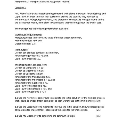 Solved Assignment 1 Transportation And Assignment Models