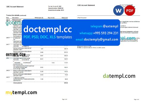 USA CIBC Bank Statement Word And PDF Template Pages
