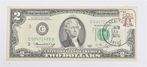 First Day Issue 1976 2 Federal Reserve Note Stamped Property Room