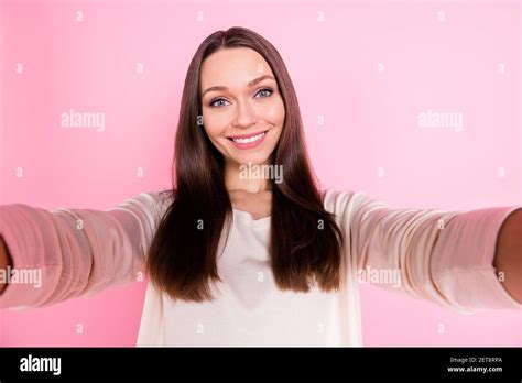 Photo Of Adorable Satisfied Lady Make Selfie Beaming Smile Look Camera