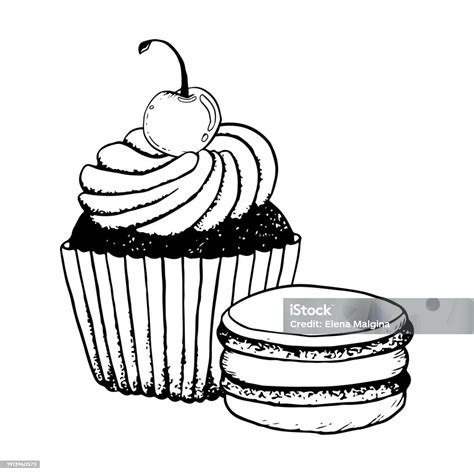 휘핑 크림과 체리와 마카롱 쿠키 흑백 잉크 그래픽 일러스트 레이 션과 벡터 컵 케이크 축하 및 행사를 위한 맛있는 디저트 음식 저녁 식사에 대한 스톡 벡터 아트 및 기타