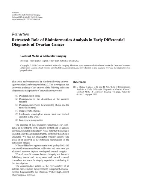 Pdf Retracted Role Of Bioinformatics Analysis In Early Differential Diagnosis Of Ovarian Cancer