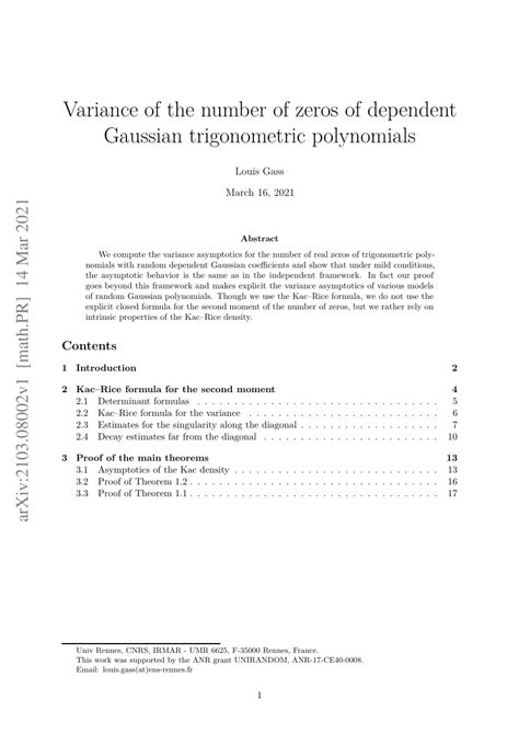Pdf Variance Of The Number Of Zeros Of Dependent Gaussian