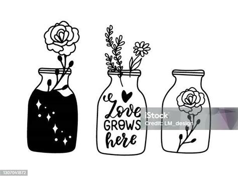 사랑은 이곳에서 자랍니다 데이지 로즈힙 야생화가 있는 메이슨 항아리 아로마테라피 낙서 손으로 그린 일러스트 세트 메이슨 항아리에 향기로운 허브 셀프 케어 정신 건강 웰빙