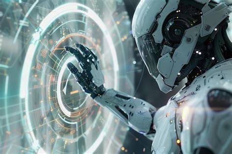 premium photo blurred white robot cyborg man touching hi tech interface hud