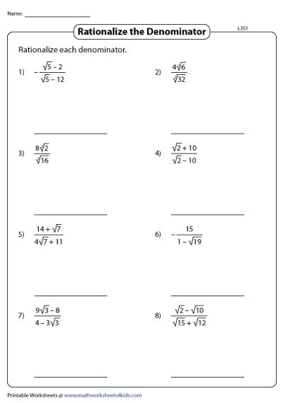 Rationalizing Denominators Worksheet For 9th 12th Grade Lesson Worksheets Library
