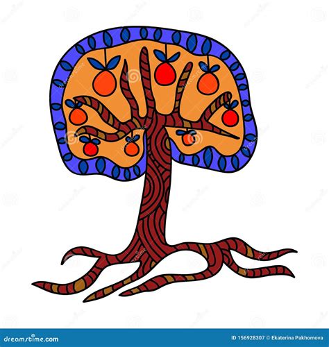Fantasy Doodle Hand Drawn Apple Tree With Roots Isolated Stock Vector Illustration Of