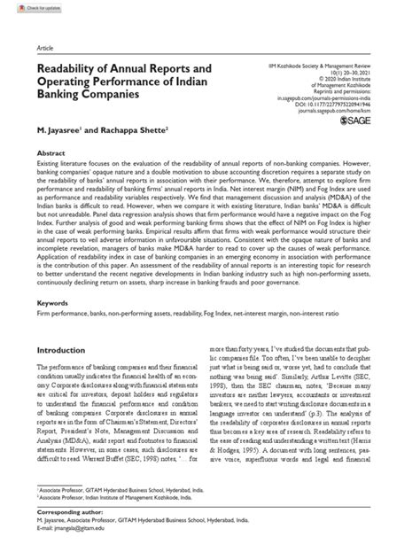 Readability Of Annual Reports And Operating Performance Of Indian Banking Companies Pdf