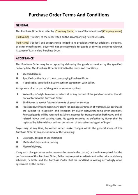 Free Purchase Order Terms And Conditions Template Highfile