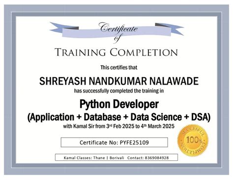 Python Developer Training Completion Certificate Shreyash Nalawade
