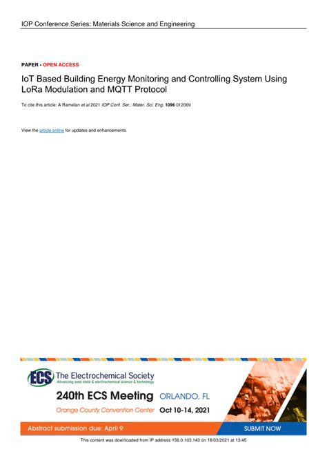 PDF IoT Based Building Energy Monitoring And Controlling System Using LoRa Modulation And MQTT