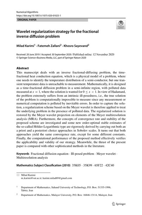 Pdf Wavelet Regularization Strategy For The Fractional Inverse Diffusion Problem