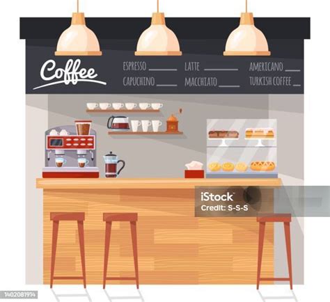 나무 커피 카운터 빈 카페테리아 인테리어 차 머그잔 카카오 음료 또는 베이커리 사막의 커피 바 숍 카페 레스토랑 내부 테이블에 에스프레소 머신 깔끔한 벡터 일러스트 레이 션