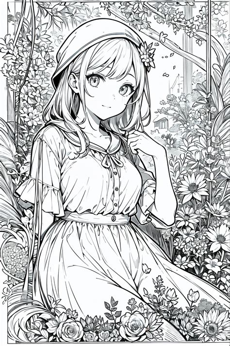 드레스와 보닛을 쓴 소녀가 정원에 앉아 있다 Seaart Ai