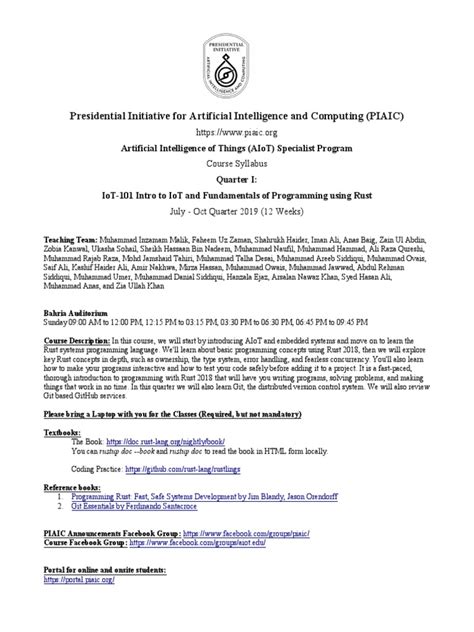 Piaic Aiot Q1 Syllabus Final Pdf Internet Of Things Internet