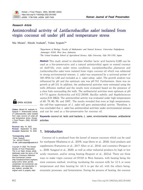 Pdf Antimicrobial Activity Of Latilactobacillus Sakei Isolated From Virgin Coconut Oil Under