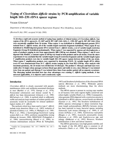 Pdf Typing Of Clostridium Difficile Strains By Pcr Amplification Of Variable Length 16s 23s
