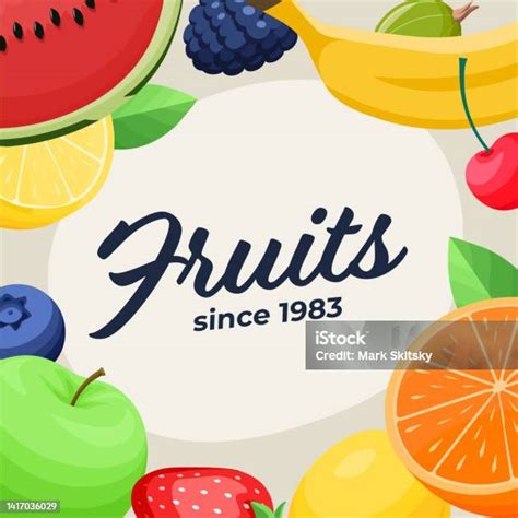 다른 과일 만화 일러스트레이션과 과일 메뉴 벡터 템플릿 바나나 사과 오렌지 레몬 블루 베리 딸기 수박 체리 로고가있는 딸기와 과일 메뉴 개체 그룹에 대한 스톡 벡터 아트 및