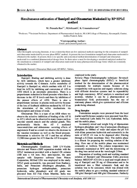 Pdf Simultaneous Determination Of Ramipril Hydrochlorothiazide And Telmisartan By Rp Hplc