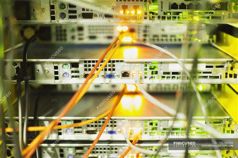 Close Up Server Room Cables Plug Panels Stock Photo