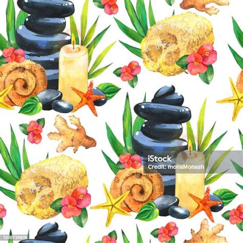 Spa 수채화 이음새있는 패턴 수건 꽃 돌 기름 양초 대나무 잎 스폰지 몸과 얼굴에 대한 다양한 수단과 그림 여성용 화장품 살롱에서의 휴식 개체 그룹에 대한 스톡 벡터 아트