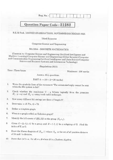 Cse Nd 2023 Ma 3354 Discrete Mathematics 666186209 21282 Reg No