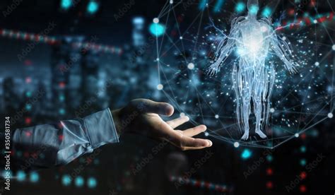 Man Hand Using Digital X Ray Human Body Holographic Scan Projection D Rendering Stock Photo
