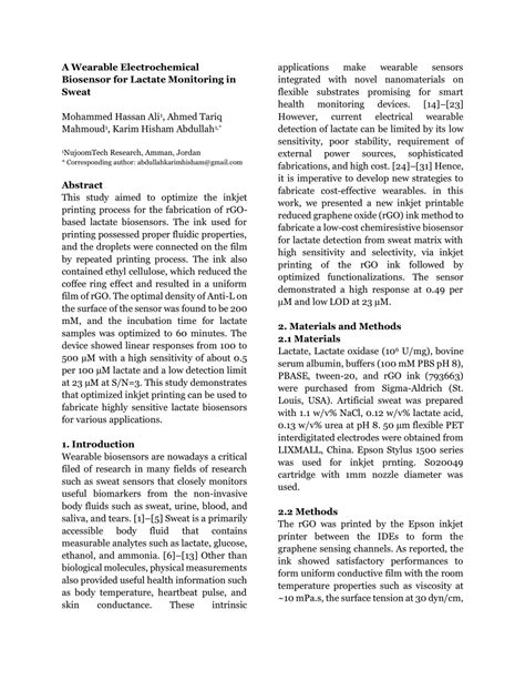 Pdf A Wearable Electrochemical Biosensor For Lactate Monitoring In Sweat