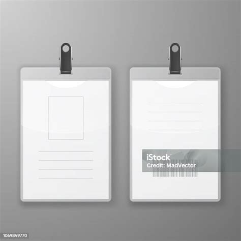 2 개의 벡터 그래픽 Id 카드 버클 홀더 Cllip 근접 촬영 절연 현실적인 빈 사무실 전면 및 후면 사이드입니다 이랑에 대 한 식별 카드의 디자인 템플릿입니다 상위