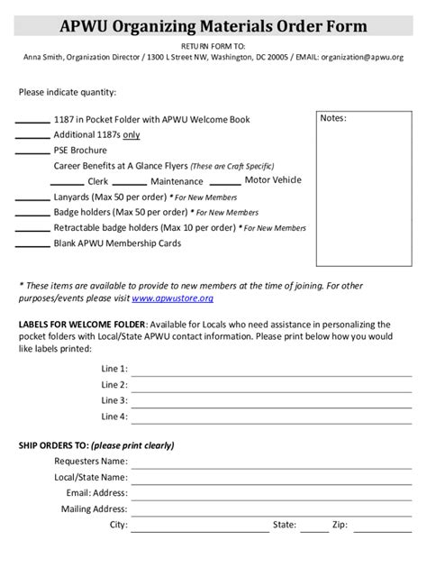 Fillable Online Apwu Organizing Materials Order Form Fax Email Print