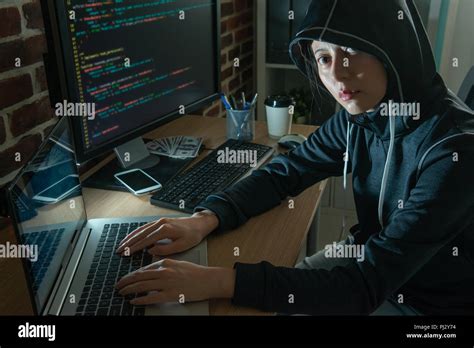 Beautiful Woman Hacking Though The Network She S Committing Crimes By Electronic Devices