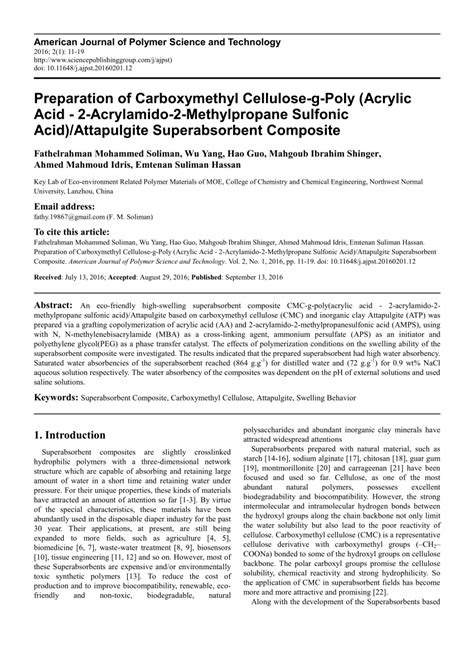 Pdf Preparation Of Carboxymethyl Cellulose G Poly Acrylic Acid 2 Acrylamido 2 Methylpropane