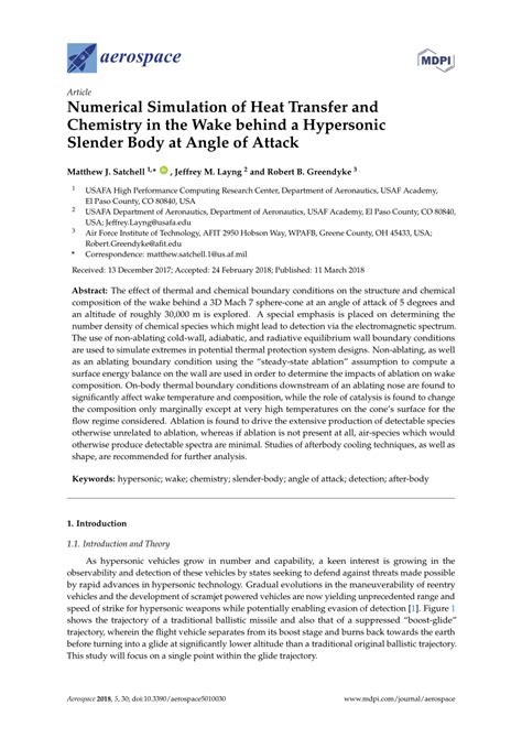 Pdf Numerical Simulation Of Heat Transfer And Chemistry In The Wake Behind A Hypersonic