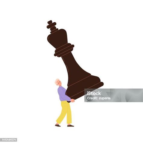 작은 남자 플랫 만화 캐릭터는 흰색에 고립된 거대한 왕의 모습을 들고 체스를 하고 있다 개념에 대한 스톡 벡터 아트 및 기타 이미지 개념 결정 경쟁 Istock