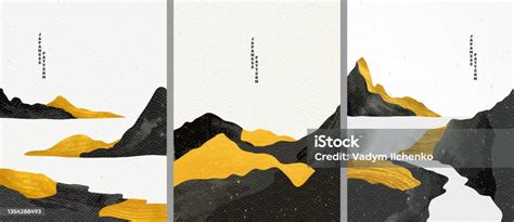 벡터 그래픽 그림입니다 추상적 인 풍경 산 언덕 일본 물결 모양 배경 컬렉션입니다 아시아 스타일 포스터 책 표지 웹 템플릿 브로셔디자인 골드 페인트 산에 대한 스톡 벡터