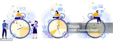 작업 속도 시간 관리 작업 시간 타이머 생산성 시간 키퍼 및 랩톱 평면 벡터 일러스트 세트에서 작업 하는 팀 사람들 스톱워치에 앉아 사무실 노동자 만화 캐릭터 개선에 대한