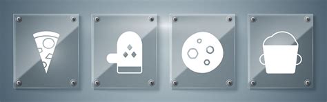 베이커리 그릇 반죽 쿠키 또는 비스킷에 초콜릿 오븐 장갑 및 피자 조각을 설정하십시오 정사각형 유리 패널 벡터 누름 버튼에 대한 스톡 벡터 아트 및 기타 이미지 Istock