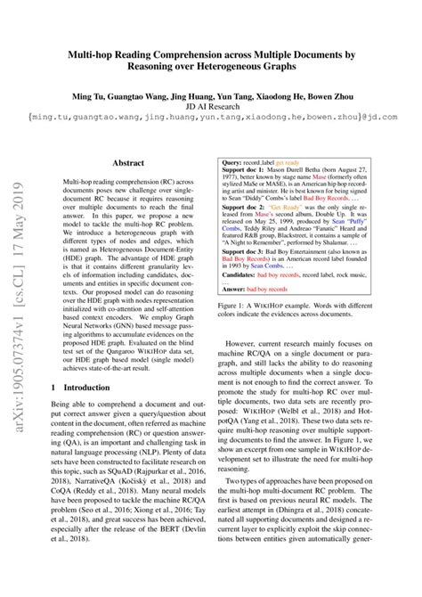 multi hop reading comprehension across multiple documents by reasoning over heterogeneous graphs