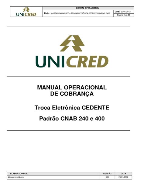 Cobranca Unicred Troca Eletronica Cedente Cnab 240 E 400 Atualizado Pdf Conta De Transação
