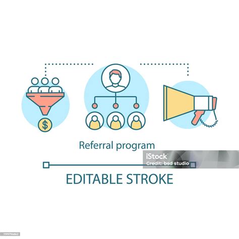 추천 프로그램 개념 아이콘입니다 인플루언서 바이럴 마케팅 아이디어 씬 라인 일러스트 고객 의 매력 입소문 판매 유입경로 트래픽 벡터 절연 윤곽선 도면 편집 가능한 스트로크