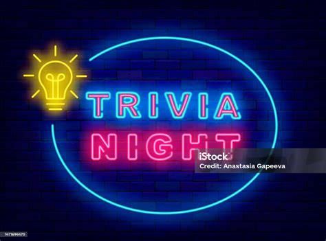 퀴즈 밤 네온 사인 전구가 있는 타원 프레임 벽돌 벽에 퀴즈 쇼 레이블 벡터 스톡 일러스트 Television Game Show에 대한 스톡 벡터 아트 및 기타 이미지