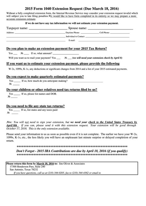 Form 1040 Extension Request 2015 Printable Pdf Download