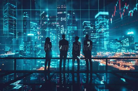 Four Professionals Observe Complex Data Visualizations On A Vast