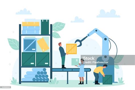 자동 장비를 갖춘 공장 창고 로봇 리프터가있는 작은 사람들이 상자를 들어 올립니다 기계류에 대한 스톡 벡터 아트 및 기타 이미지 기계류 제조 상자 Istock