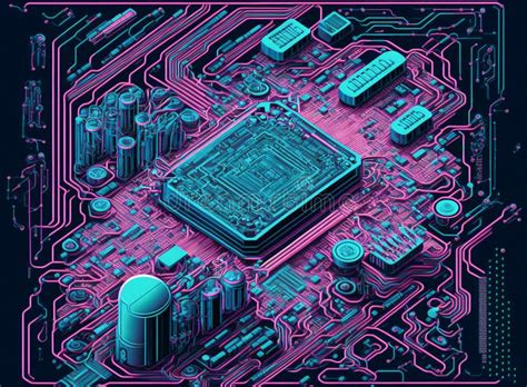 Circuit Board Background Blue And Pink Colors Microprocessor Close Up
