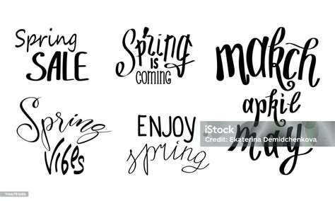 손으로 쓴 봄 문구 세트 격리된 벡터 레터링 로고 아이콘 엽서 배너에 대 한 템플릿입니다 봄 장식입니다 3월에 대한 스톡 벡터 아트 및 기타 이미지 Istock